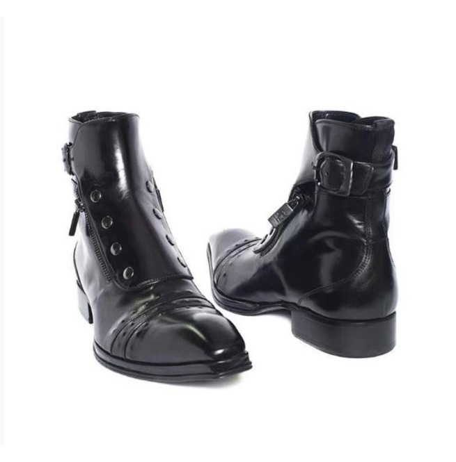 Handmade Men Black Side Button, Side Zipper High Ankle | RebelsMarket