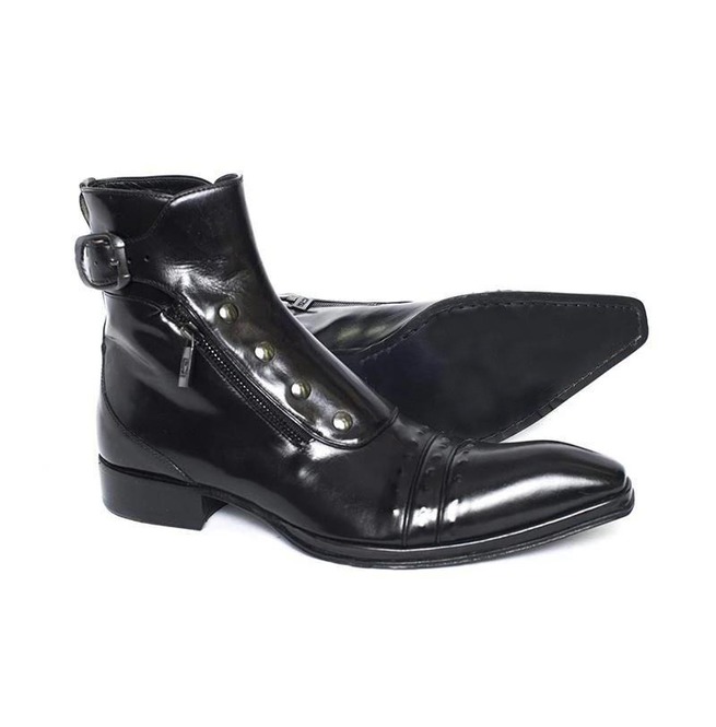 Handmade Men Black Side Button, Side Zipper High Ankle | RebelsMarket