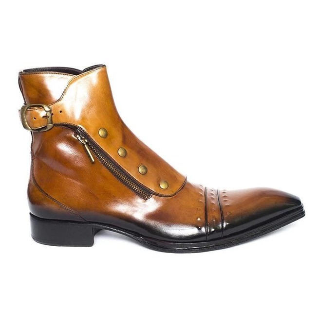Handmade Men Dark Tan Side Button Side Zipper High | RebelsMarket