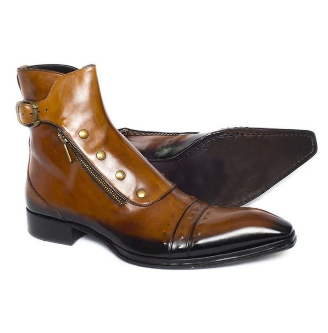 Handmade Men Dark Tan Side Button Side Zipper High | RebelsMarket