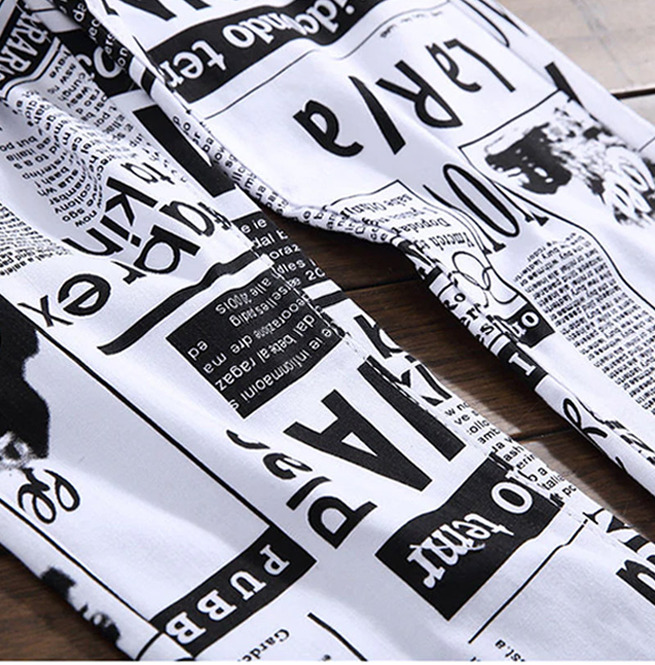 Pocket Design Zipper Fly Newspaper Print Slim-fit Denim | RebelsMarket