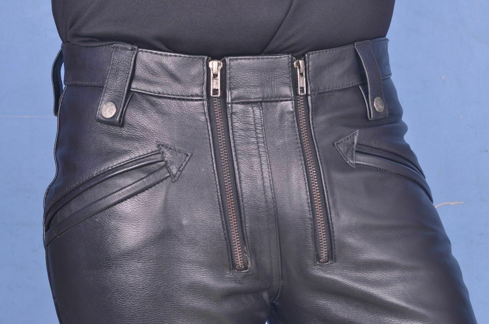 Men Black Color Leather Jeans, Men Rock Fashion Double | RebelsMarket