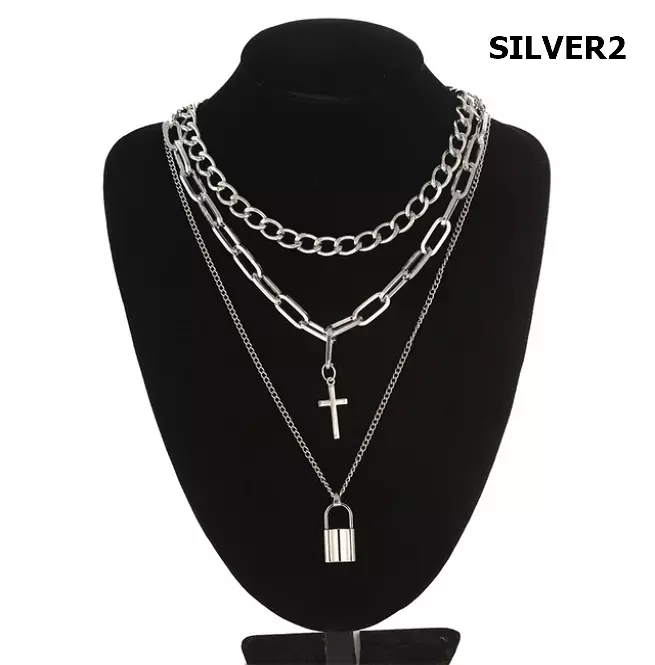 Steampunk Layered Chain Link Padlock Cross Necklace Aluminium Style